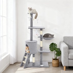 PawHut Škrabadlo pro kočky s jeskyní, 4 hračkami, sisalové sloupky, velká plošina, schody, pro kočky pod 5 kg, šedá