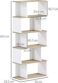 HOMCOM Knihovna v Nordic Stylu s 5 Anti-Tip Policemi, Nosnost 25 kg pro Kancelář a Obývací Pokoj, 70x29,5x163 cm, Dub a Bílá
