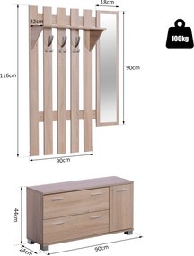 HOMCOM Set do předsíně s zrcadlem, věšákem na kabáty a skříní na boty - nábytek do předsíně se 3 háčky, policí a 2 šuplíky v dubové barvě