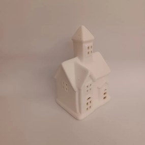 LED dekorace kostelíček na baterie 7,5 × 6 × 12 cm, keramický, LR44, teple bílá