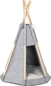 PawHut Pet Teepee Stan - Šedý teepee pro kočky nebo malé psy - silný polštář pro maximální komfort, 2 pompony v ceně - konstrukce z borového dřeva s p