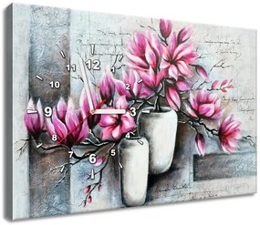 Gario Obraz s hodinami Růžové magnolie ve váze Rozměry: 60 x 40 cm