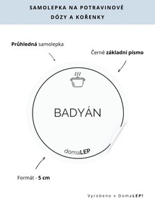 Samolepka na kořenky BADYÁN průhledná 5 cm základní písmo