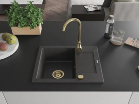 Mexen Enzo, granitový dřez 576x465x174 mm, 1-komorový, černá skvrnitá se zlatým sifonem, 6506571005-76-G