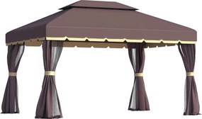 Outsunny 4x3m Hliníkový Zahradní Altán s Ventilačním Střechou, 4 Boční Závěsy, 4 Moskytiéry a 8 Odtokových Otvorů pro Venkovní Akce Hnědá | Aosom