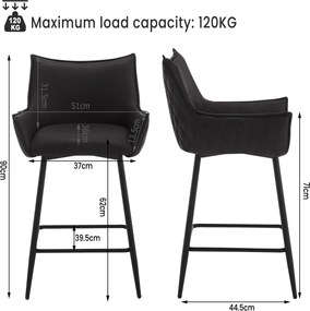 WOLTU Barové židle s opěradlem a područkami – sada 2 ks, antracitová ekokůže