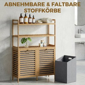 HOMCOM bambusová skříňka do koupelny s koši na prádlo – 3patrové úložiště se 2 odnímatelnými látkovými koši, 80 × 30 × 118 cm, dub