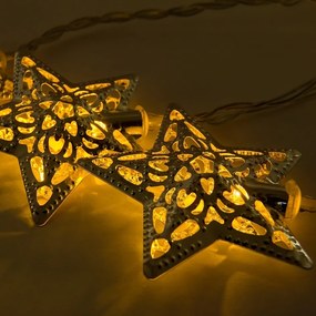 LED světýlka na baterie, 1,3 m, kovové hvězdy, teple bílá, 10 diod, čirý kabel, IP20 interiér, 2× AA