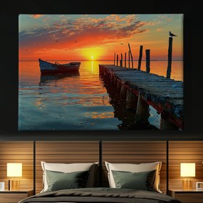 Obraz na plátně - Staré molo s loďkou při západu slunce FeelHappy.cz Velikost obrazu: 60 x 40 cm
