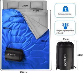 Costway Dvojitý spací pytel Goplus 2 People XL dekový spací pytel spací – modrý