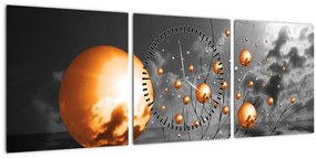 Obraz oražových abstraktních koulí (s hodinami) (90x30 cm)