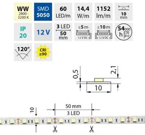 LED pásek McLED 12V teplá bílá š=10mm IP20 14,4W/m 60LED/m SMD5050 ML-121.600.60.2