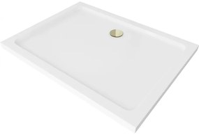 Mexen Flat obdélníková vanička do sprchového koutu slim 130 x 80 cm, Bílá, sifon Zlatá - 40108013G