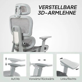 HOMCOM Kancelářská židle, ergonomická židle k psacímu stolu s potahem ze síťoviny, nastavitelná, na kolečkách, s opěrkami rukou, opěrkou hlavy, šedá