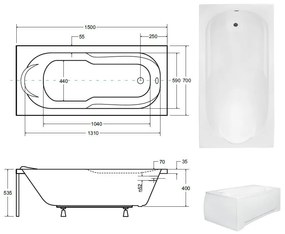 BESCO Obdélníková vana VINDOBONA Nožičky k vaně - Bez nožiček, Rozměr vany - 150 × 70 cm - OLVVIN15