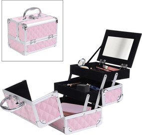 HOMCOM Profesionální Kosmetický Organizér na Make-up S Zrcadlem a Zámkem - Přenosná Taška na Make-up s Více Přihrádkami 20x15x15cm Hliníková