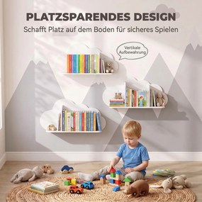 AIYAPLAY sada 3 nástěnných dětských regálů 60 cm, dětský knihovník ve tvaru oblaku, plovoucí knihovník Montessori pro 3–8 let, bílý