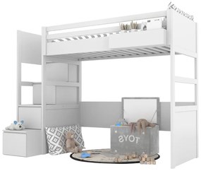 BAMI Bílá vyvýšená postel SIMONE s úložnými schody a policí 90x200 cm Zvolte stranu: Vlevo