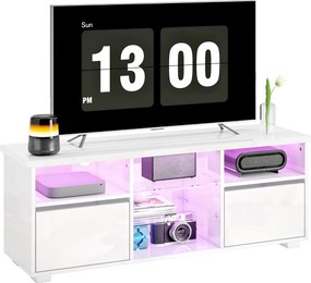 HOMCOM TV skříň 120 cm, TV stojan pro televize až do 55 palců s LED osvětlením a dálkovým ovládáním, bílé skleněné police
