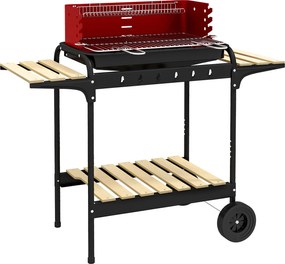 Outsunny Záhradní Kovový Uhlík Gril BBQ Smokery s Kolíky, Nastavitelný Grilovat Výšku, Dřevěná Police, Přenosný Grilový Vozík, BBQ pro Grilování a Kem