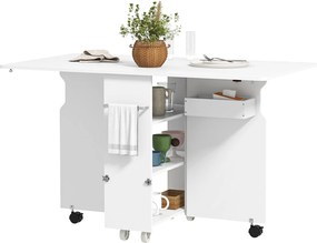 Skládací stůl HOMCOM s vyklápěcími deskami a 3 úrovněmi polic, úložná skříňka a kola, MDF, 130x80x76.5 cm, bílý | Aosom