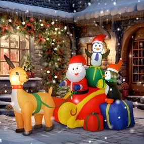 Outsunny nafukovací Santa Claus s saněmi, tučňáky a soby, LED osvětlení, vánoční dekorace pro interiér i exteriér 180x120x155 cm