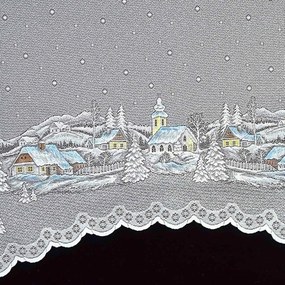Tylex kusová záclona ZIMNÍ KRAJINA, bílá s modrými domečky, zimní, výška 160 cm x šířka 300 cm (na okno)