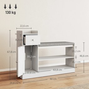 HOMCOM Lavička na boty s polštářkem, zásuvkou a otevřenými přihrádkami, předsíňová lavička 90x29,8x67,8 cm, bílá