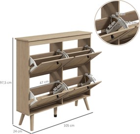 HOMCOM Botník se 4 skládacími zásuvkami pro 20 párů obuvi s nastavitelnou policí, bohémský styl, nohy z masivního dřeva, 105 x 24 x 97,5 cm Přírodní