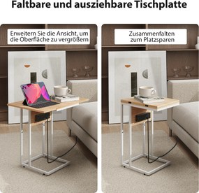 HOMCOM Skládací příruční stolek, nabíjecí stanice s USB porty, kov, 39 x 29 x 57 cm, barva dřeva