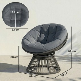 Křeslo Papasan 360° otočné proutěné křeslo s polštářem ocelový rám kulaté ratanové křeslo lounge křeslo šedé