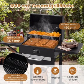 Costway Gril na dřevěné uhlí Venkovní grilovací vozík s 2 odkládacími stolky