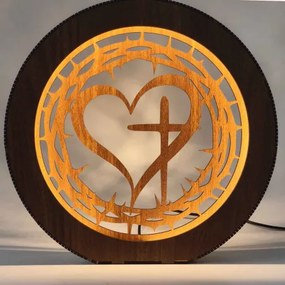 Dřevěná LED lampa Srdce s křížem | Křesťanská dekorace| SENTOP LED0600