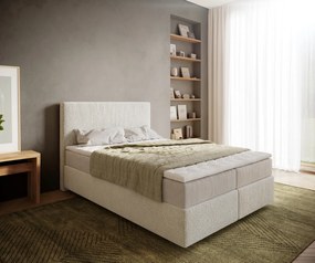 DELIFE Boxspring postel Dream-Well 140x200 cm bouclé krémovo-bílá s taštičkovou pružinovou matrací a visco topperem