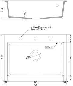 Mexen Elix, 1-korový granitový dřez 700 x 500 mm, šedá, chromový sifon, 6526701005-71
