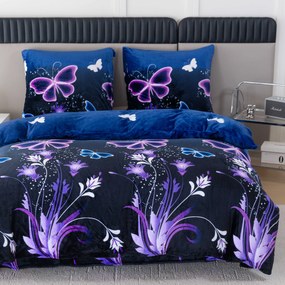 Sada mikroplyšového povlečení VIOLET BUTTERFLY tmavě modré + prostěradlo mikroplyš SOFT 180x200 cm bílé, dvoulůžko
