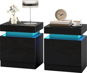 HOMCOM sada 2 LED nočních stolků s 16 barvami a 4 režimy se 2 šuplíky, z dřeva, 45x35x52 cm, černá