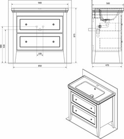 SAPHO CROSS retro umyvadlová skříňka 85x81x47cm, 2x zásuvka, starobílá CR291