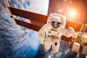 DIMEX | Samolepicí vliesová fototapeta na zeď Astronaut nad Zemí MA-5-2265 | 375 x 250 cm | modrá, bílá, krémová, hnědá