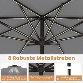 Costway Slunečník 270 cm s LED solárním osvětlením Větruodolný s 8 žebrováním