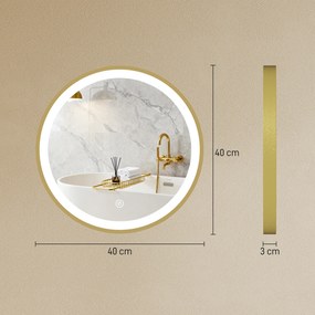 HOMCOM LED koupelnové kulaté zrcadlo 40 cm, nástěnné osvětlené zrcadlo se 3 barevnými teplotami, stmívatelné, zlaté