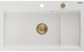 Mexen Omar granitový dřez 1-komorový 800 x 480 mm, bílý, sifon zlatý - 6520801005-20-G