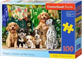 Castorland 111305 Puzzle Štěňata, prádlo a ptačí dovádění / 100 dílků