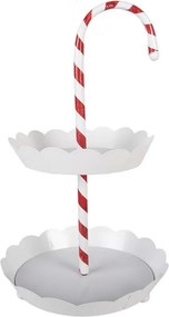 Bílý kovový vánoční 2-patrový etažér s cukrovou holí - Ø 29*47 cm