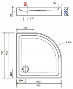 Cersanit Basic+Tak, čtvrtkruhový sprchový kout 90x90x185 cm + sprchová vanička 90x16cm, bílá, S601-118