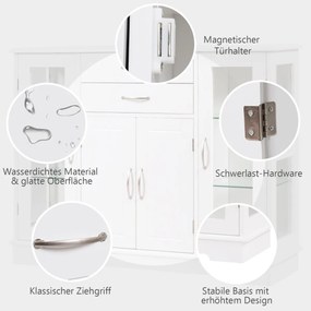Costway Dřevěná úložná skříň s dvířky a zásuvkami z tvrzeného skla v bílé barvě