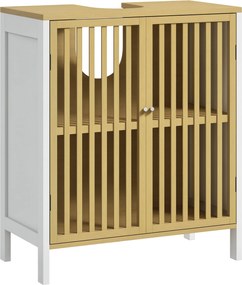HOMCOM Koupelnová skříňka pod umyvadlo s dvojitými dveřmi a nastavitelnou policí, nosnost 30 kg, 60x30x70 cm, přírodní a bílá