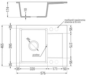 Mexen Enzo 1-miskový granitový dřez s krátkým odkapávačem 576 x 465 mm, Černá/Zlatá kovová - 6506571005-75