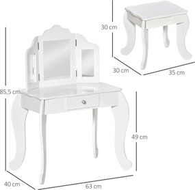 HOMCOM Dětský toaletní stolek s taburetem, triptychem zrcadel a posuvným zásuvkou - Rozměry toaletního stolku 63D x 40Š x 85,5V cm - Bílý akryl