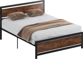 HOMCOM rám manželské postele 200 x 160 cm z oceli s roštem a čelem postele, kompatibilní s matrací tmavý dřevěný vzhled